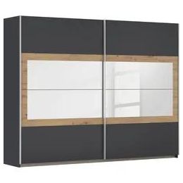 Schwebetürenschrank Rauch "Kleiderschrank Schrank Garderobe TARRAGONA in 3 Breiten" Schränke Gr. B/H/T: 271 cm x 210 cm x 62 cm, 2 St., grau (graumetallic, eiche artisan) Spiegelmitteltüren mit Rahmen in Absetzungsfarbe