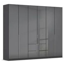 Drehtürenschrank Rauch "Kleiderschrank Kleiderschränke Schrank Garderobe AGORDO mit Glasfront" Schränke Gr. B/H/T: 271 cm x 229 cm x 54 cm, 6 St., grau (graumetallic, glas basalt) mit Außenschubkästen, in 6 Breiten und 2 Höhen MADE IN GERMANY