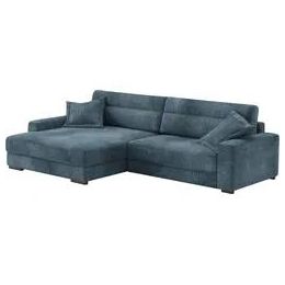 Ecksofa Inosign "Marcello DuraFlex" Sofas Gr. B/H/T: 310cm x 90cm x 184cm, Velours, Bettfunktion rechts-Recamiere links, blau (dolce 13 ocean) EasyBett, Bettkasten, Kaltschaumpolsterung, bis 140 kg belastbar