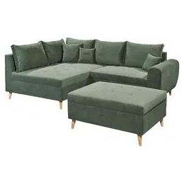 Ecksofa ED EXCITING DESIGN "Calanda L-Form" Sofas Gr. B/H/T: 249cm x 94cm x 175cm, Feincord, Recamiere links, grün (dunkelgrün) mit Hocker, frei im Raum stellbar, Rücken- und Zierkissen