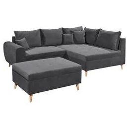 Ecksofa ED EXCITING DESIGN "Calanda L-Form" Sofas Gr. B/H/T: 249cm x 94cm x 175cm, Feincord, Recamiere rechts, grau (anthrazit) mit Hocker, frei im Raum stellbar, Rücken- und Zierkissen