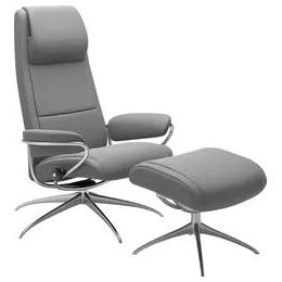 Relaxsessel stressless "Paris" Sessel Gr. Leder BATICK, Star Base-Standard Base, PlusTMSystem-Gleitsystem-Relaxfunktion-Drehfunktion-Kopfstützenverstellung-Rückteilverstellung, B/H/T: 80cm x 110cm x 74cm, grau (wild dove batick) mit Hocker, High Back, Star Base, Gestell Chrom