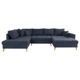 Wohnlandschaft Home Affaire "Penelope Luxus U-Form" Sofas Gr. B/H/T: 339cm x 90cm x 190cm, Struktur fein, Recamiere rechts, blau (marine) mit besonders hochwertiger Polsterung für bis zu 140 kg pro Sitzfläche