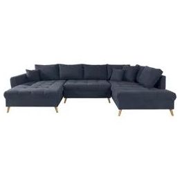 Wohnlandschaft Home Affaire "Penelope Luxus U-Form" Sofas Gr. B/H/T: 339cm x 90cm x 190cm, Struktur fein, Recamiere links, blau (marine) mit besonders hochwertiger Polsterung für bis zu 140 kg pro Sitzfläche