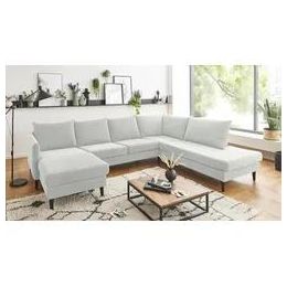 Wohnlandschaft ATLANTIC HOME COLLECTION "Rekvik U-Form" Sofas Gr. B/H: 308cm x 79cm, Struktur, Recamiere rechts, grau (hellgrau) mit Wellenunterfederung, Massivholzfüßen