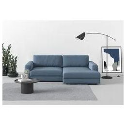 Ecksofa Trendmanufaktur "Bourbon, Designsofa mit tollem Sitzkomfort, L-Form" Sofas Gr. B/H/T: 250cm x 84cm x 176cm, Struktur weich, mega-Recamiere rechts, XXL mit Sitztiefenverstellung, blau (blau horizon) extra tiefe Sitzfläche, wahlweise mit Sitztiefenverstellung