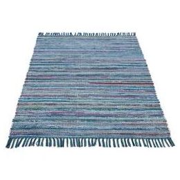 Teppich CarpetFine "Kelim Chindi, Wendeteppich" Teppiche Gr. B: 200 cm 1 St., 6 mm, L: 290 cm, blau Fransenteppich handgewebt, Fleckerlteppich mit Fransen, auch vielen in Läufergrößen