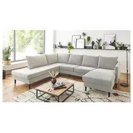 Wohnlandschaft ATLANTIC HOME COLLECTION "Rekvik U-Form" Sofas Gr. B/H: 308cm x 79cm, Struktur, Recamiere links, beige (creme) mit Wellenunterfederung, Massivholzfüßen