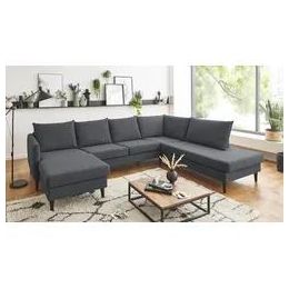 Wohnlandschaft ATLANTIC HOME COLLECTION "Rekvik U-Form" Sofas Gr. B/H: 308cm x 79cm, Struktur, Recamiere rechts, grau (anthrazit) mit Wellenunterfederung, Massivholzfüßen