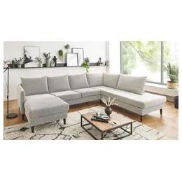 Wohnlandschaft ATLANTIC HOME COLLECTION "Rekvik U-Form" Sofas Gr. B/H: 308cm x 79cm, Struktur, Recamiere rechts, beige (creme) mit Wellenunterfederung, Massivholzfüßen