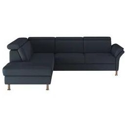 Ecksofa Home Affaire "Calypso L-Form" Sofas Gr. B/H/T: 259cm x 85cm x 227cm, Luxus-Microfaser in Lederoptik, Ottomane links, mit Kopfteilverstellung-mit Armteilfunktion-mit Bettfunktion-mit Stauraum-ohne Relaxfunktion im Sofa 2,5- Sitzer, blau (dunkelblau) mit Relaxfunktion motorisch im Sofa 2,5- Sitzer