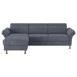 Ecksofa Home Affaire "Calypso L-Form" Sofas Gr. B/H/T: 260cm x 85cm x 172cm, Flachgewebe, Recamiere links, mit Kopfteilverstellung-mit Armteilfunktion-ohne Bettfunktion-ohne Bettkasten-ohne Relaxfunktion im Sofa 2,5- Sitzer-ohne Relaxfunktion in der Recamiere, grau (grau, blau) mit motorischen Funktionen im Sofa und Recamiere