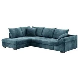 Ecksofa Inosign "Allegro, L-Form" Sofas Gr. B/H/T: 303cm x 86cm x 202cm, Velours, Ottomane links, blau (dolce 13 ocean) mit Hochschläfer-Bettauszug, wahlweise Kaltschaum