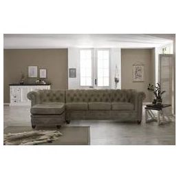 Chesterfield-Sofa Home Affaire "Rysum L-Form" Sofas Gr. B/H/T: 255cm x 72cm x 171cm, Luxus-Microfaser in Lederoptik, Ottomane links, grau (stone) Chesterfield-Optik mit Ottomanen-Abschluß