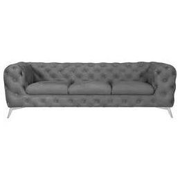 Chesterfield-Sofa LEONIQUE "Glynis" Sofas Gr. B/H/T: 243cm x 75cm x 99cm, Samtoptik, Fußfarbe chromfarben, grau (hellgrau) aufwändige Knopfheftung, moderne Chesterfield Optik, Fußfarbe wählbar