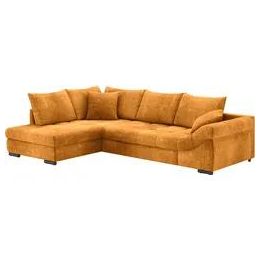 Ecksofa Inosign "Allegro, L-Form" Sofas Gr. B/H/T: 303cm x 86cm x 202cm, Velours, Ottomane links, orange (dolce 9 curry) mit Hochschläfer-Bettauszug, wahlweise Kaltschaum