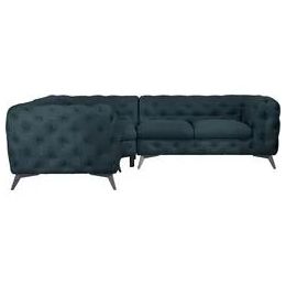 Chesterfield-Sofa LEONIQUE "Glynis L-Form" Sofas Gr. B/H/T: 264cm x 75cm x 204cm, Struktur, langer Schenkel rechts, Fußfarbe schwarz, blau (petrol) aufwändige Knopfheftung, moderne Chesterfield Optik, Fußfarbe wählbar