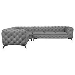 Chesterfield-Sofa LEONIQUE "Glynis L-Form", grau (hellgrau), B:323cm H:75cm T:264cm, Struktur (100% Polyester), Samtoptik (100% Polyester), Sofas, aufwändige Knopfheftung, moderne Chesterfield Optik, Fußfarbe wählbar