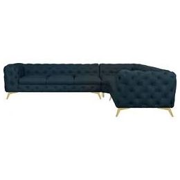 Chesterfield-Sofa LEONIQUE "Glynis L-Form" Sofas Gr. B/H/T: 323cm x 75cm x 264cm, Struktur, langer Schenkel links, Fußfarbe goldfarben, blau (petrol) aufwändige Knopfheftung, moderne Chesterfield Optik, Fußfarbe wählbar