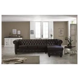 Chesterfield-Sofa Home Affaire "Rysum L-Form" Sofas Gr. B/H/T: 255 cm x 72 cm x 171 cm, Kunstleder, Ottomane rechts, braun (dunkelbraun) Chesterfield-Optik mit Ottomanen-Abschluß