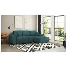 Ecksofa Inosign "Azzuro L-Form" Sofas Gr. B/H/T: 256cm x 90cm x 175cm, Samtoptik, Recamiere rechts, blau (petrol) incl. Bettfunktion und Bettkasten