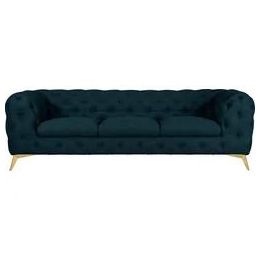 Chesterfield-Sofa LEONIQUE "Glynis" Sofas Gr. B/H/T: 243cm x 75cm x 99cm, Struktur, Fußfarbe goldfarben, blau (petrol) aufwändige Knopfheftung, moderne Chesterfield Optik, Fußfarbe wählbar