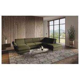 Wohnlandschaft Home Affaire "Calypso U-Form" Sofas Gr. B/H/T: 334 cm x 85 cm x 227 cm, Luxus-Microfaser Lederoptik, Ottomane rechts, ohne Kopfteilverstellung-ohne Armteilverstellung-ohne Bett-ohne Bettkasten-ohne Relax motorisch-ohne Stauraum, grün (olive) wahlweise mit motorischer Relaxfunktion