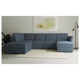 Wohnlandschaft Home Affaire "Lavars Schlafsofa" Sofas Gr. B/H/T: 310 cm x 90 cm x 226 cm, Flachgewebe, Recamiere rechts, blau (blue) mit Bettfunktion und Stauraum, in zwei verschiedenen Bezugsqualitäten