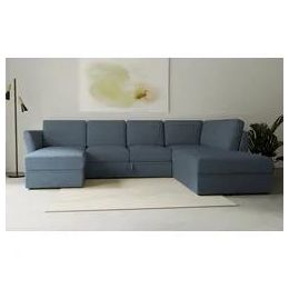 Wohnlandschaft Home Affaire "Lavars Schlafsofa" Sofas Gr. B/H/T: 310 cm x 90 cm x 226 cm, Flachgewebe, Recamiere links, blau (blue) mit Bettfunktion und Stauraum, in zwei verschiedenen Bezugsqualitäten