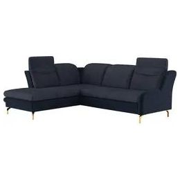 Sit & More Ecksofa SIT & MORE "Orient L-Form" Sofas Gr. B/H/T: 258cm x 91cm x 221cm, Struktur, Ottomane links, mit Kopfteilverstellung-mit Bettfunktion-mit Stauraum, blau (dunkelblau, navy) inkl. 2 Zierkissen mit Strass-Stein, goldfabene Metallfüße