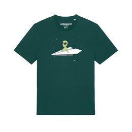 Watapparel T-Shirt 'Alien on a paper plane' Herren Gr&ouml;&szlig;e S dunkelgr&uuml;n / mischfarben