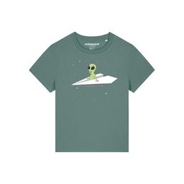Watapparel T-Shirt ' Alien on a paper plane ' Damen Gr&ouml;&szlig;e S gr&uuml;n / mischfarben