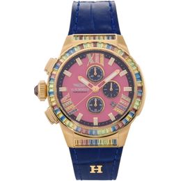 Chronograph Haemmer Germany "AURELIA, GR-003" Armbanduhren blau Damen Quarzuhr, Damenuhr, Datum, Stoppfunktion, Saphirglas, Lederarmband