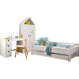 Lüttenhütt Jugendzimmer-Set LÜTTENHÜTT "Alpi" Schlafzimmermöbel-Sets weiß Baby Daybed, Schreibtisch mit Stauraum und Kleiderschrank in Hausoptik