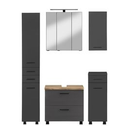 Badmöbel-Set Welltime ""Trento", Badezimmer-Set, Hängeschrank, Unterschrank, Hochschrank" Kastenmöbel-Sets Gr. B/H/T: 120 cm x 200 cm x 35 cm, grau (matt grau, grafit, baumkante) Waschbeckenunterschrank, Spiegelschrank inkl. Aufbauleuchte