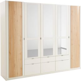 Kleiderschrank Priess, weiß (weiß, edelbuchefarben), B:230cm H:193cm T:54cm, Holzwerkstoff, Schränke, Drehtürenschrank Kleiderschrank, mit gerundeten Elementen auf den Außentüren