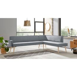 Eckbank exxpo - SOFA FASHION "Lungo, moderne Kedernaht, bequem und elegant, hoher Holzfuß" Sitzbänke Gr. B/H/T: 198 cm x 84 cm x 260 cm, Webstoff, langer Schenkel links, weiß (silver) hochwertige Detailverarbeitung, frei im Raum stellbar