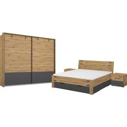 Schlafzimmer-Set Rauch "Birmingham" Schlafzimmermöbel-Sets Gr. Mit Holzkopfteil + ohne Matratze, B: 140 cm, grau (eiche artisan, graumetallic) 5-tlg.Set: Schwebetürenschrank inkl. Passepartout, Bett, 2 Nachttische