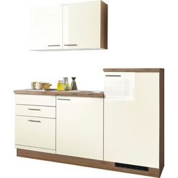 Küchenzeile KOCHSTATION ""KS-Kapro"" Komplettküchen-Sets Gr. B/H/T: 180 cm x 87 cm x 58 cm, Küchenzeile, Kühlschrank rechts, beige (küche: magn, ei.ast, korpus: eiche astig, arbeitsplatte: astig) vormontiert, mit E-Geräten, Stellbreite 180 cm