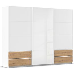 Schwebetürenschrank Rauch "Kleiderschrank Schrank Garderobe ELARA Glastür/Grauspiegel" Schränke Gr. B/H/T: 271 cm x 210 cm x 62 cm, 3 St., weiß (alpinweiß, eiche artisan, glas weiß) praktische Schubladen optional farblich abgesetzt MADE IN GERMANY