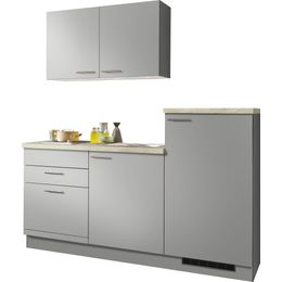 Küchenzeile KOCHSTATION ""KS-Kapro"" Komplettküchen-Sets Gr. B/H/T: 180 cm x 87 cm x 58 cm, Küchenzeile, Kühlschrank rechts, grau (küche: hgrau, bet, korpus: beton steinweiß, arbeitsplatte: steinweiß) vormontiert, mit E-Geräten, Stellbreite 180 cm