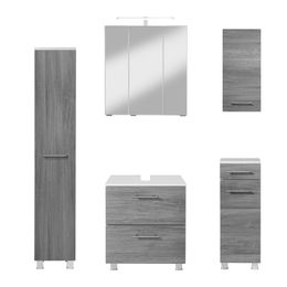 Badmöbel-Set Welltime ""Trento", Badezimmer-Set, Hängeschrank, Unterschrank, Midischrank" Kastenmöbel-Sets Gr. B/H/T: 120 cm x 200 cm x 35 cm, silberfarben (eiche rauchsilber) Waschbeckenunterschrank, Spiegelschrank inkl. Aufbauleuchte