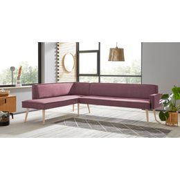 Eckbank exxpo - SOFA FASHION "Lungo, moderne Kedernaht, bequem und elegant, hoher Holzfuß" Sitzbänke Gr. B/H/T: 198 cm x 84 cm x 260 cm, Veloursstoff, langer Schenkel rechts, lila hochwertige Detailverarbeitung, frei im Raum stellbar