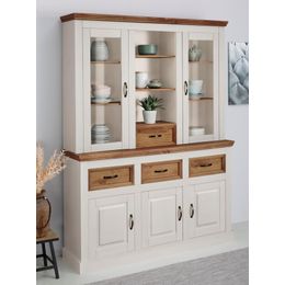 Buffet Home Affaire "Selma", weiß (weiß, gebeizt), B:145cm H:192cm T:38cm, Massivholz, MDF, Glas, Schränke, aus massivem Kiefernholz, mit Griffen aus antikisiertem Metall