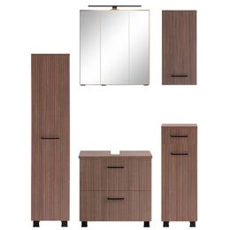 Badmöbel-Set Welltime ""Trento", Badezimmer-Set, Hängeschrank, Unterschrank, Midischrank" Kastenmöbel-Sets Gr. B/H/T: 120 cm x 200 cm x 35 cm, braun (cannelloeiche) Waschbeckenunterschrank, Spiegelschrank inkl. Aufbauleuchte