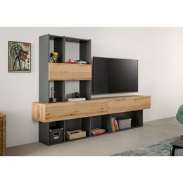 Wohnwand Inosign "Tyson, Breite 210 cm, besteht aus: Lowboard und Aufsatzregal" Kastenmöbel-Sets Gr. B/H/T: 210 cm x 147 cm x 38 cm, grau (grau, evoke oak nachbildung) TV-Board, TV-Möbel, Media-Möbel, Fernsehschrank