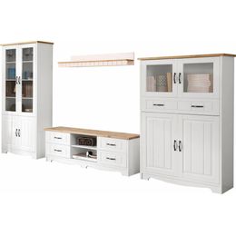 Wohnwand Home Affaire "Trinidad", weiß (weiß, honig), Kastenmöbel-Sets, Holz Wohnwände Wohnwand, Set aus 1 Vitrine, 1 Lowboard, 1 Highboard, 1 Wandboard