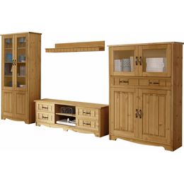 Wohnwand Home Affaire "Trinidad" Kastenmöbel-Sets beige (natur, geölt) Holz Wohnwände Wohnwand Kastenmöbel-Sets Set aus 1 Vitrine, Lowboard, Highboard, Wandboard