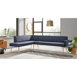 Eckbank exxpo - SOFA FASHION "Lungo, moderne Kedernaht, bequem und elegant, hoher Holzfuß" Sitzbänke Gr. B/H/T: 198cm x 84cm x 260cm, Webstoff, langer Schenkel rechts, blau (denim) hochwertige Detailverarbeitung, frei im Raum stellbar