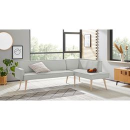 Eckbank exxpo - SOFA FASHION "Lungo, moderne Kedernaht, bequem und elegant, hoher Holzfuß" Sitzbänke Gr. B/H/T: 158cm x 84cm x 239cm, Veloursstoff, langer Schenkel links, beige (beige melange) hochwertige Detailverarbeitung, frei im Raum stellbar